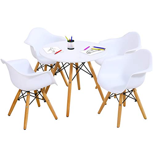 Costzon Kids Table and Chair Set, Mid-Century Modern Style Table Set, Round Table with Armchairs for Toddler Children, Kids Dining Table and Chair Set (White, Table & 4 Chairs)