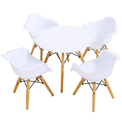 Costzon Kids Table and Chair Set, Mid-Century Modern Style Table Set, Round Table with Armchairs for Toddler Children, Kids Dining Table and Chair Set (White, Table & 4 Chairs)