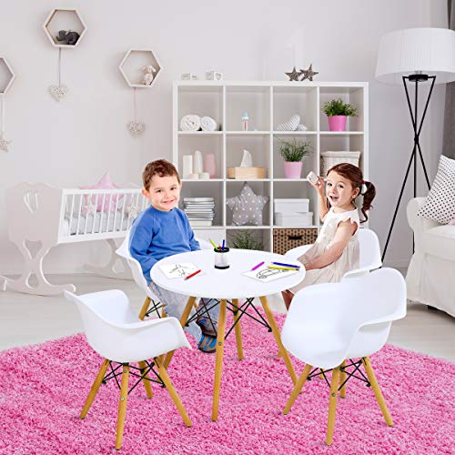 Costzon Kids Table and Chair Set, Mid-Century Modern Style Table Set, Round Table with Armchairs for Toddler Children, Kids Dining Table and Chair Set (White, Table & 4 Chairs)