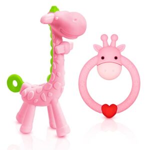 share&care bpa free 2 silicone giraffe baby teether toy with storage case, for 3 months above infant sore gums pain relief and baby shower, set of 2 different teething toys (pink)