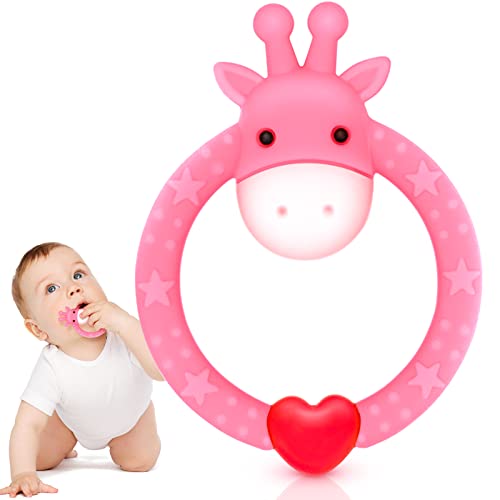 SHARE&CARE BPA Free 2 Silicone Giraffe Baby Teether Toy with Storage Case, for 3 Months Above Infant Sore Gums Pain Relief and Baby Shower, Set of 2 Different Teething Toys (Pink)