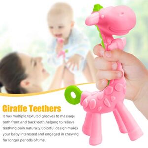 SHARE&CARE BPA Free 2 Silicone Giraffe Baby Teether Toy with Storage Case, for 3 Months Above Infant Sore Gums Pain Relief and Baby Shower, Set of 2 Different Teething Toys (Pink)