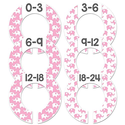 6 Baby Girl Nursery Clothing Closet Size Dividers Pink Elephants Fits 1.5" Rod (Pink)