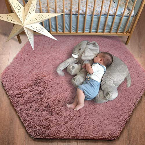 junovo Ultra Soft Rug for Nursery Children Room Baby Room Home Decor Dormitory Hexagon Carpet for Playhouse Princess Tent Kids Play Castle, Diameter 4.6 ft, Blush