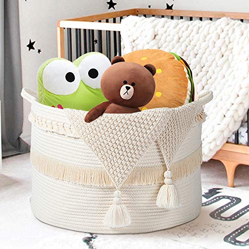 ANTJUMPER Cotton Rope Basket Hamper, Macrame Tassel Storage Basket with Handle Rope Woven Nursery Hamper Storage Bin for Clothes Blankets Pillow and Toys (20"x20"x14")