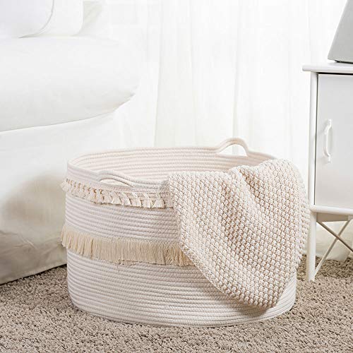 ANTJUMPER Cotton Rope Basket Hamper, Macrame Tassel Storage Basket with Handle Rope Woven Nursery Hamper Storage Bin for Clothes Blankets Pillow and Toys (20"x20"x14")