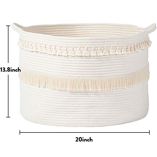 ANTJUMPER Cotton Rope Basket Hamper, Macrame Tassel Storage Basket with Handle Rope Woven Nursery Hamper Storage Bin for Clothes Blankets Pillow and Toys (20"x20"x14")