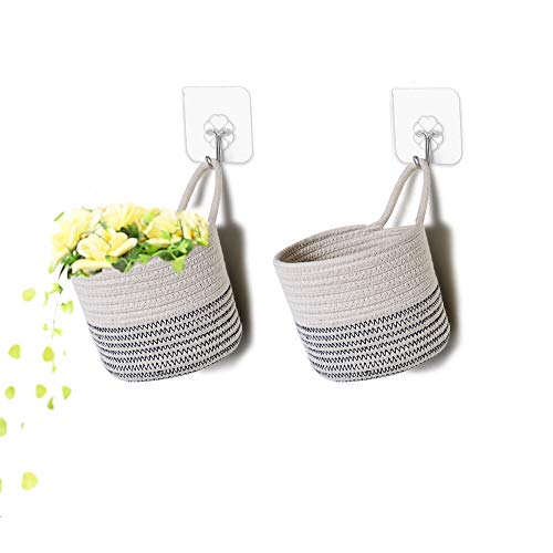 Wall Hanging Organizer Storage Basket with Free Wall Hooks,Small Cotton Rope Baskets for Baby Nursery and Home Décor,Set of 2