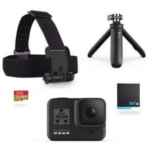 gopro hero8 black retail bundle - includes hero8 black camera plus shorty, head strap, 32gb sd card, and 2 rechargeable batteries