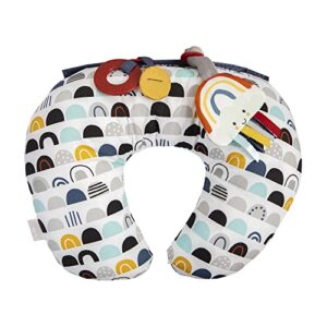 boppy tummy time prop, black and white modern rainbows with teething toys, fabric, a smaller size for comfortable tummy time, attached toys encourage neck and shoulder strength building