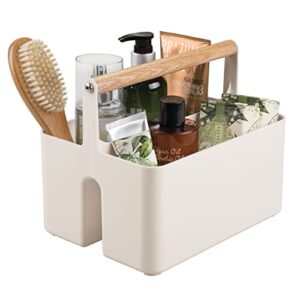 mdesign plastic portable nursery organizer caddy tote, divided basket bin with natural oak handle - hold bottles, spoons, bibs, pacifiers, diapers, wipes, baby lotion - aura collection - cream/natural