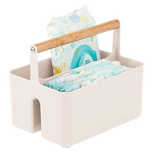 mDesign Plastic Portable Nursery Organizer Caddy Tote, Divided Basket Bin with Natural Oak Handle - Hold Bottles, Spoons, Bibs, Pacifiers, Diapers, Wipes, Baby Lotion - Aura Collection - Cream/Natural