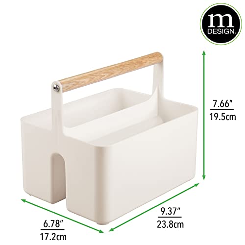 mDesign Plastic Portable Nursery Organizer Caddy Tote, Divided Basket Bin with Natural Oak Handle - Hold Bottles, Spoons, Bibs, Pacifiers, Diapers, Wipes, Baby Lotion - Aura Collection - Cream/Natural