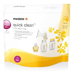 medela quick clean microsteam bags, sterilizing bags for bottles breast pump parts eliminates 99.9 of common bacteria germs disinfects most breastpump accessories, yellow, 12 pack