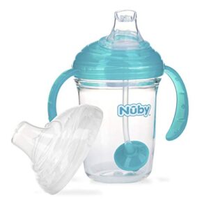 nuby no spill 360 weighted straw grip n' sip tritan cup with hygienic cover, 8 oz, trainer cup, teal