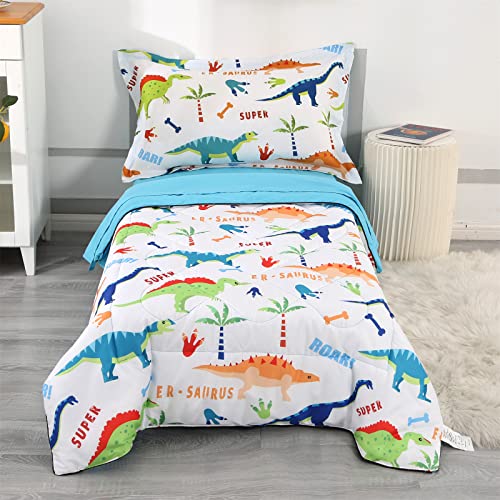 Wowelife Toddler Bedding Set Dinosaur for Boys, Premium 4 Piece Toddler Bed Set White Blue, Super Soft and Comfortable for Toddler