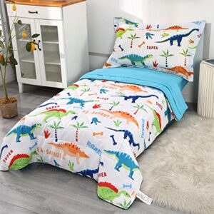 Wowelife Toddler Bedding Set Dinosaur for Boys, Premium 4 Piece Toddler Bed Set White Blue, Super Soft and Comfortable for Toddler