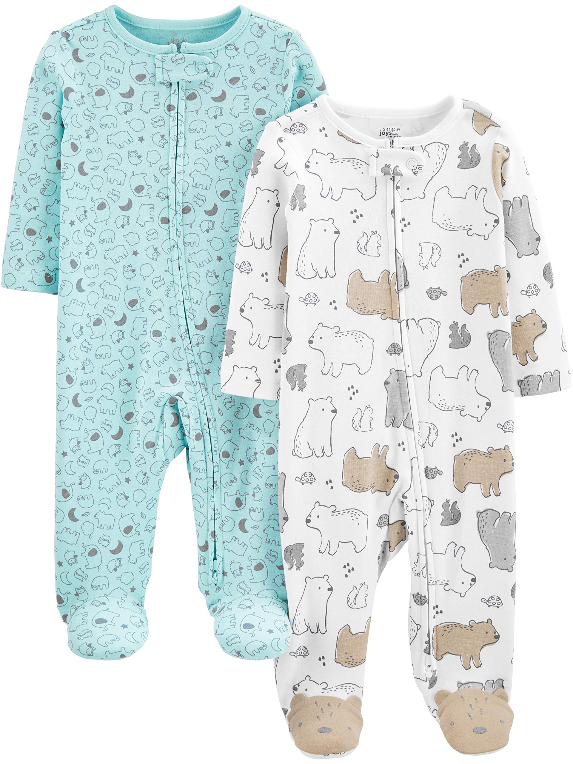 Simple Joys by Carter's Unisex Babies' Cotton Footed Sleep and Play, Pack of 2, Bear/Animal Print, 3-6 Months