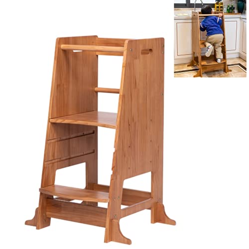 Kids Kitchen Learning Step Stool - Kids Kitchen Step Stool with Safety Rail, Solid Wood Construction, Perfect for Toddlers and Older, Nature