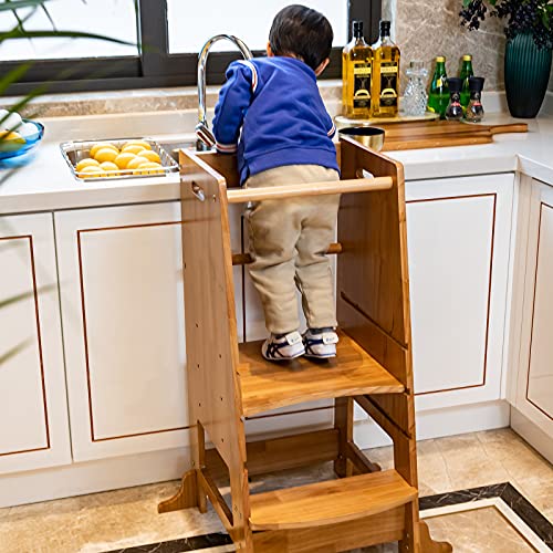 Kids Kitchen Learning Step Stool - Kids Kitchen Step Stool with Safety Rail, Solid Wood Construction, Perfect for Toddlers and Older, Nature