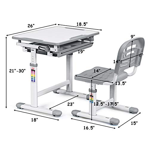 HONEY JOY Kids Desk and Chair Set, Height Adjustable Study Table and Chair, Tilting Desktop with Book Stand and Drawer Storage, Metal Hook for Schoolbag, Ergonomic Design for Boys and Girls