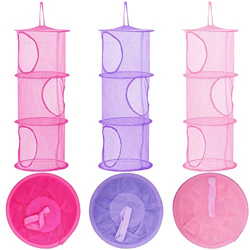 3Pcs Hanging Mesh Space Saver Bags Organizer 3 Compartments Toy Storage Basket for Kids Room Organization mesh Hanging Bag Set (Pink, Rose, Purple)