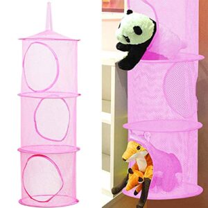 3Pcs Hanging Mesh Space Saver Bags Organizer 3 Compartments Toy Storage Basket for Kids Room Organization mesh Hanging Bag Set (Pink, Rose, Purple)