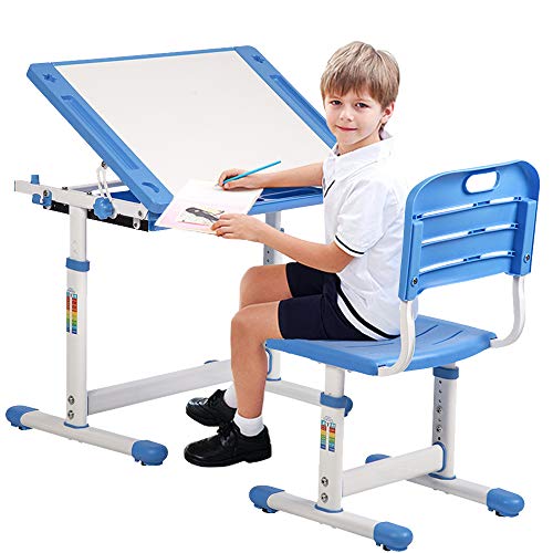 Kids Desk and Chair Set Adjustable Height Ergonomic Children's Table with Storage Drawer Kids Study Homework Desk Table for 3-15 Kids (Blue)