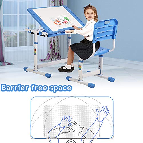 Kids Desk and Chair Set Adjustable Height Ergonomic Children's Table with Storage Drawer Kids Study Homework Desk Table for 3-15 Kids (Blue)