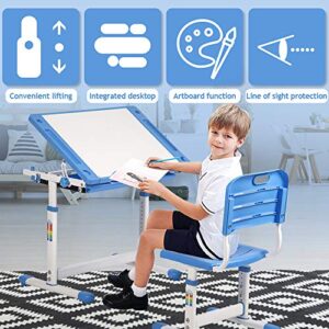 Kids Desk and Chair Set Adjustable Height Ergonomic Children's Table with Storage Drawer Kids Study Homework Desk Table for 3-15 Kids (Blue)