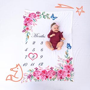 Bliss n' Baby Monthly Milestone Blanket for Baby Girl - Perfect Baby Age Blanket with Growth Chart Blanket - New Moms Set, Wrinkle Free, Washable, Dryable, Red Heart Wreath & Pink Headband- 54"x40"