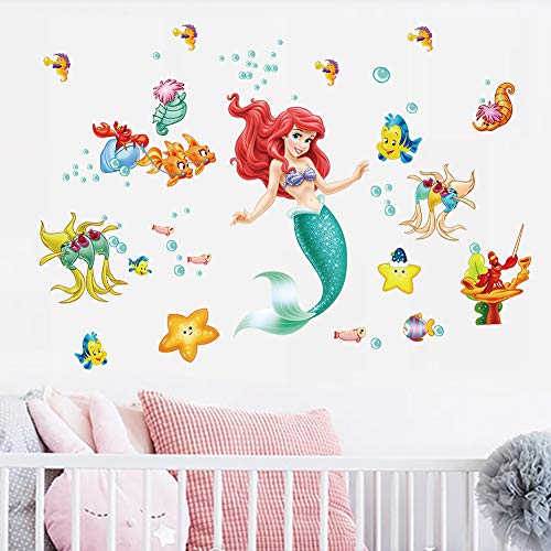 Runtoo The Little Mermaid Wall Decals for Girls Ariel Wall Stickers Princess Fish Wall Décor for Girls Bedroom Baby Nursery