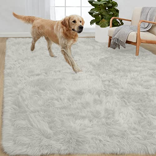 Gorilla Grip Fluffy Faux Fur Rug, 5x7, Machine Washable Soft Furry Area Rugs, Rubber Backing, Plush Floor Carpets for Baby Nursery, Bedroom, Living Room Shag Carpet, Luxury Home Decor, Ivory