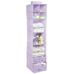 mDesign Soft Fabric Over Closet Rod Hanging Storage Organizer with 7 Shelves and 3 Removable Drawers for Child/Kids Room or Nursery - Polka Dot Pattern - 2 Pack - Light Purple/White Polka Dots