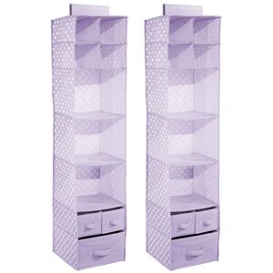 mDesign Soft Fabric Over Closet Rod Hanging Storage Organizer with 7 Shelves and 3 Removable Drawers for Child/Kids Room or Nursery - Polka Dot Pattern - 2 Pack - Light Purple/White Polka Dots