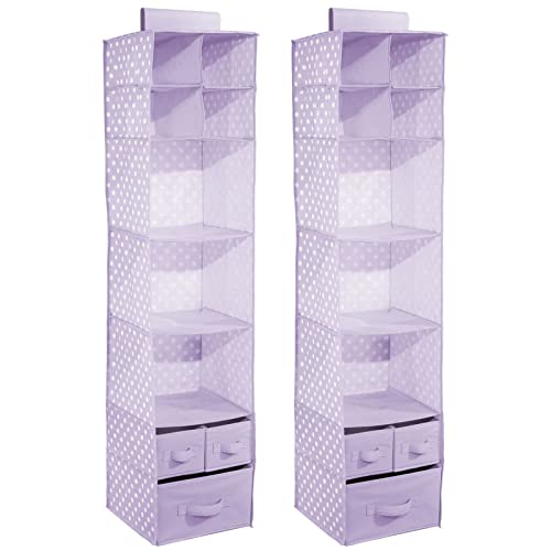 mDesign Soft Fabric Over Closet Rod Hanging Storage Organizer with 7 Shelves and 3 Removable Drawers for Child/Kids Room or Nursery - Polka Dot Pattern - 2 Pack - Light Purple/White Polka Dots