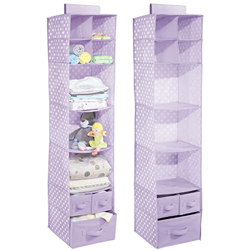 mDesign Soft Fabric Over Closet Rod Hanging Storage Organizer with 7 Shelves and 3 Removable Drawers for Child/Kids Room or Nursery - Polka Dot Pattern - 2 Pack - Light Purple/White Polka Dots