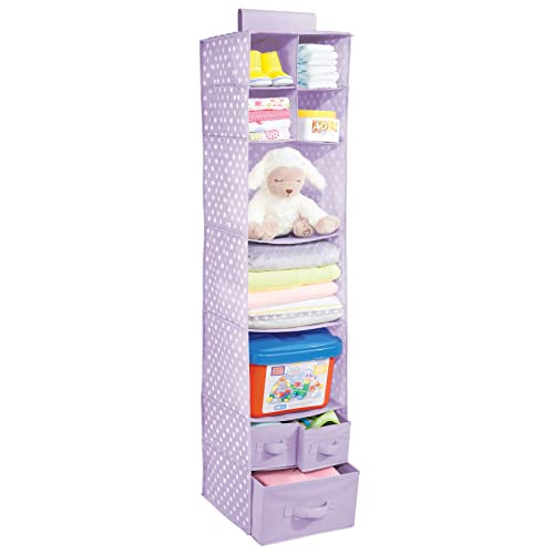 mDesign Soft Fabric Over Closet Rod Hanging Storage Organizer with 7 Shelves and 3 Removable Drawers for Child/Kids Room or Nursery - Polka Dot Pattern - 2 Pack - Light Purple/White Polka Dots