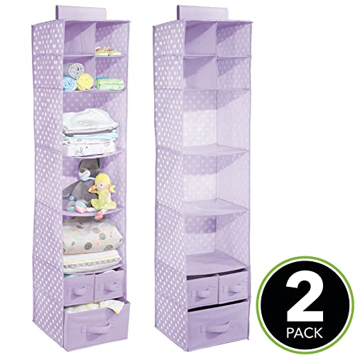 mDesign Soft Fabric Over Closet Rod Hanging Storage Organizer with 7 Shelves and 3 Removable Drawers for Child/Kids Room or Nursery - Polka Dot Pattern - 2 Pack - Light Purple/White Polka Dots