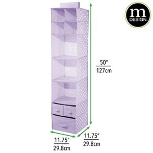 mDesign Soft Fabric Over Closet Rod Hanging Storage Organizer with 7 Shelves and 3 Removable Drawers for Child/Kids Room or Nursery - Polka Dot Pattern - 2 Pack - Light Purple/White Polka Dots