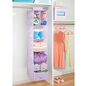 mDesign Soft Fabric Over Closet Rod Hanging Storage Organizer with 7 Shelves and 3 Removable Drawers for Child/Kids Room or Nursery - Polka Dot Pattern - 2 Pack - Light Purple/White Polka Dots