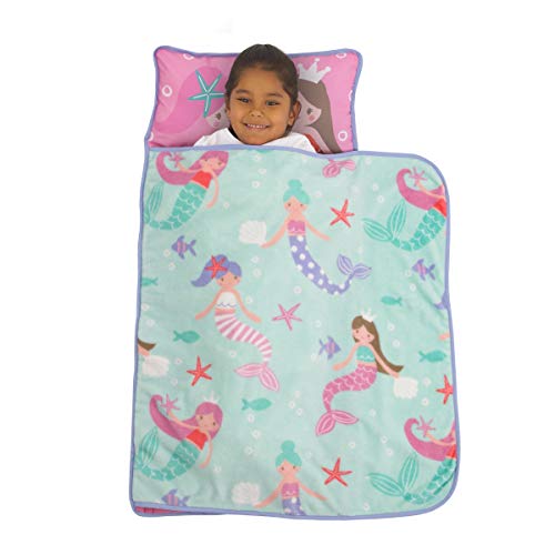 Everything Kids Pink & Aqua Mermaid Toddler Nap Mat with Pillow & Blanket, Aqua, Pink, Lavender, White