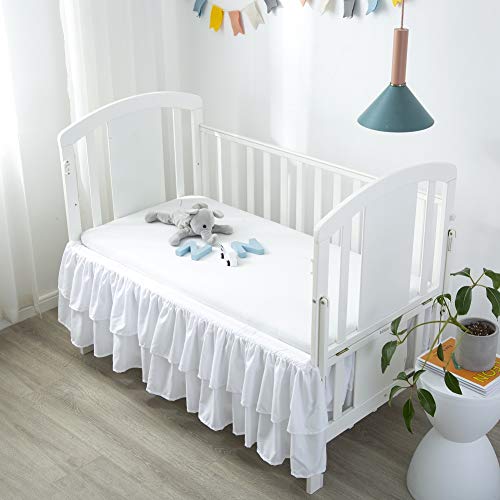 JSD White Ruffled Crib Bed Skirt Double Layer Nursery Toddler Dust Ruffle Bedding Skirt 14" Deep Drop