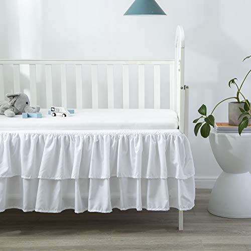 JSD White Ruffled Crib Bed Skirt Double Layer Nursery Toddler Dust Ruffle Bedding Skirt 14" Deep Drop