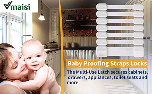 12 Pack Vmaisi Multi-Use Adhesive Straps Locks - Childproofing Baby Proofing Cabinet Latches for Drawers, Fridge, Dishwasher, Toilet Seat, Cupboard, Oven,Trash Can, No Drilling (White) (12)