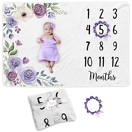 Paishanas Baby Monthly Milestone Blanket | Baby Girl | Super Soft Fluffy Fleece | Floral | Monthly Blanket | Photo Props for Newborn | Photography Backdrop 60" x 40"