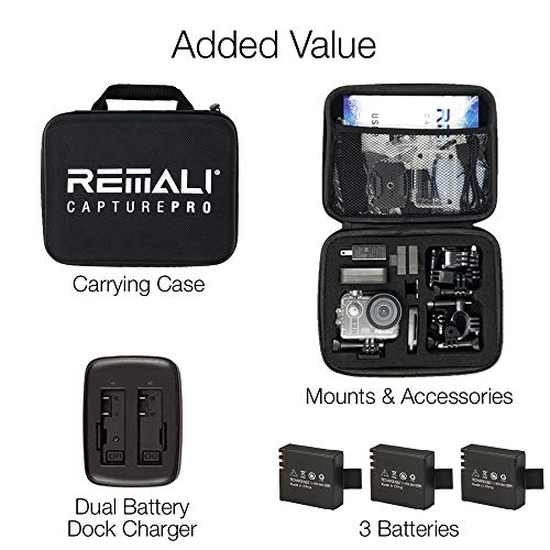 REMALI CapturePro 4K/60fps 20MP Waterproof Sports Action Camera Kit with Carrying Case + 3 Batteries, WiFi, 2" Touch Screen, 8X Zoom, Slow/Fast Motion, Remote/Voice Control, EIS, Distortion Correction