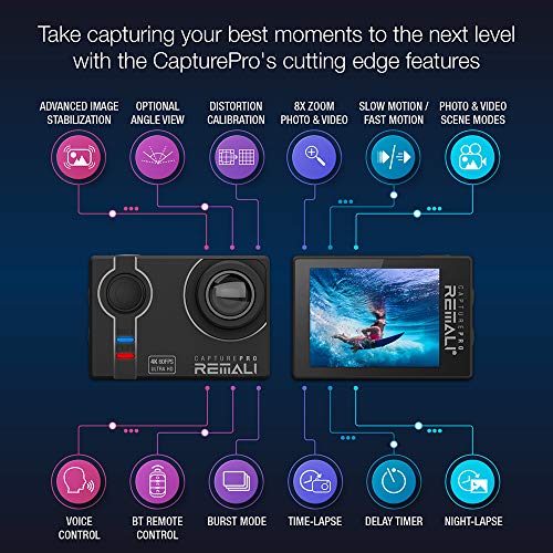 REMALI CapturePro 4K/60fps 20MP Waterproof Sports Action Camera Kit with Carrying Case + 3 Batteries, WiFi, 2" Touch Screen, 8X Zoom, Slow/Fast Motion, Remote/Voice Control, EIS, Distortion Correction