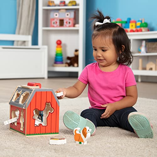 Melissa & Doug Wooden Take-Along Sorting Barn Toy with Flip-Up Roof and Handle, 10 Wooden Farm Play Pieces - Farm Toys, Shape Sorting And Stacking Learning Toys For Toddlers And Kids Ages 2+