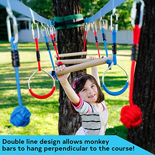 Double Ninja Slackline Obstacle Course for Kids | 80 Foot Line | Ninja Slackline Monkey Bars Playground Equipment | Ninja Ropes Course | Patented Double Line Design